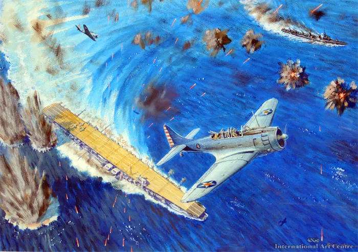 Coral Sea, 8 May 1942. The Japanese aircraft-carrier Shokaku under dive ...